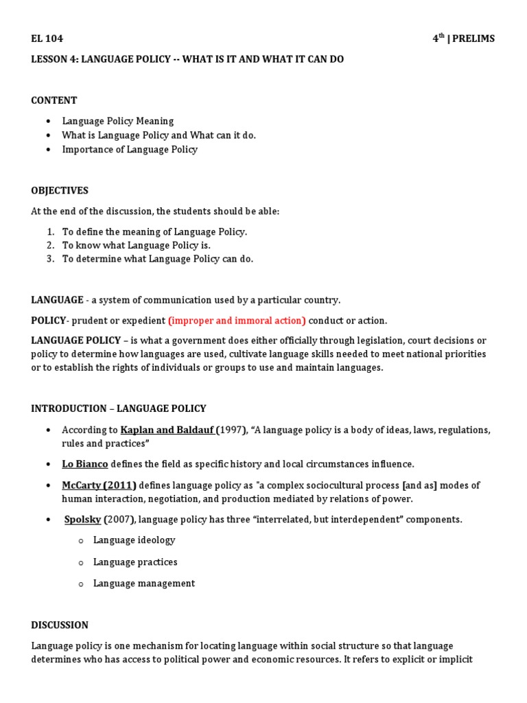 EL 104 - Language Policy - What Is It and What It Can Do | PDF ...