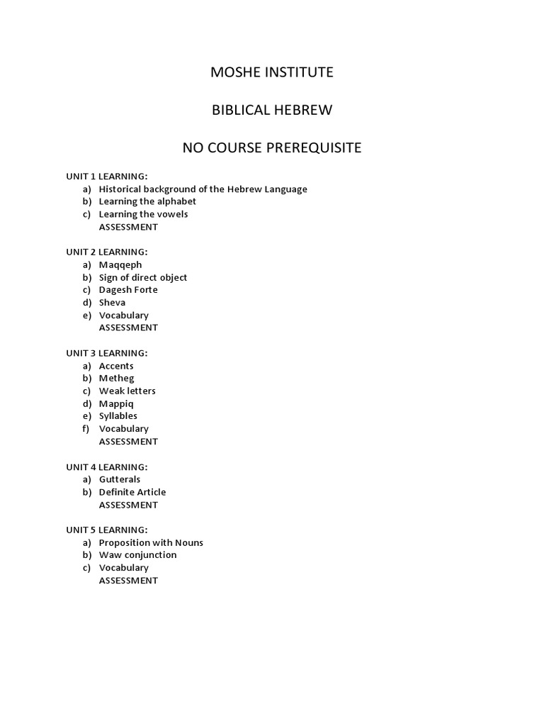 Moshe Institute Biblical Hebrew No Course Prerequisite | PDF | Language ...