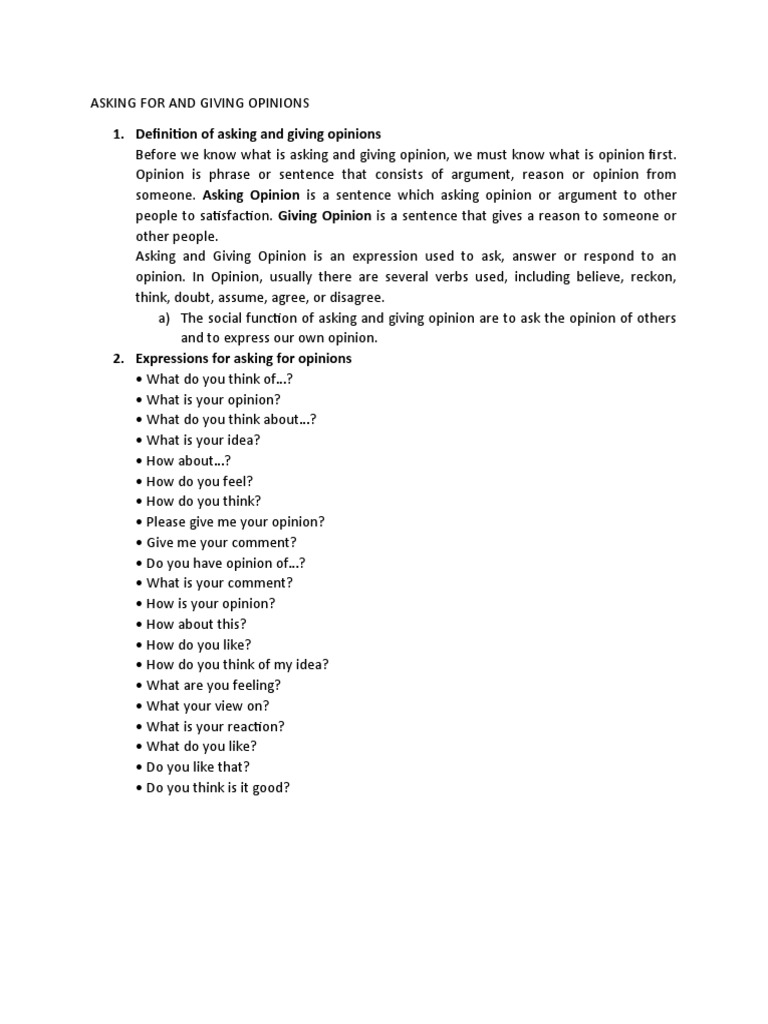 Definition of Asking and Giving Opinions | PDF | Cognition | Cognitive ...