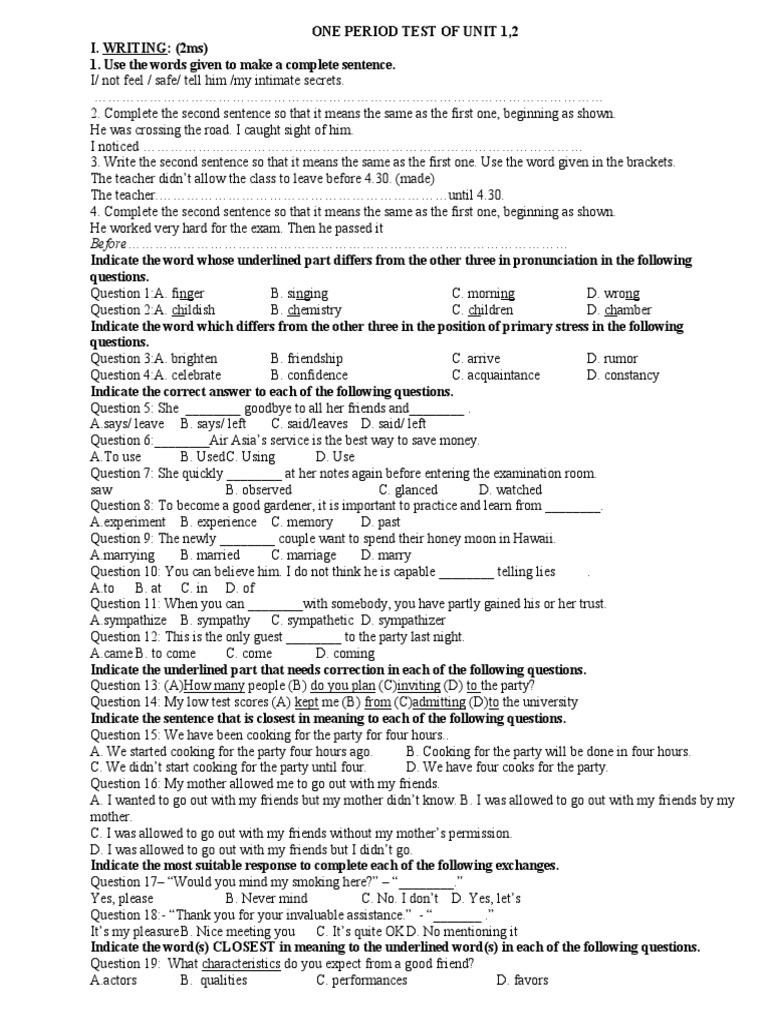 One Period Test of Unit 1,2 | PDF | Question
