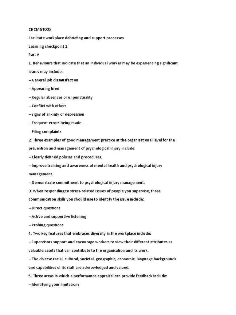 CHCMGT005 Facilitate Workplace Debriefing and Support Processes - Learning Checkpoint 1 - 2 ...