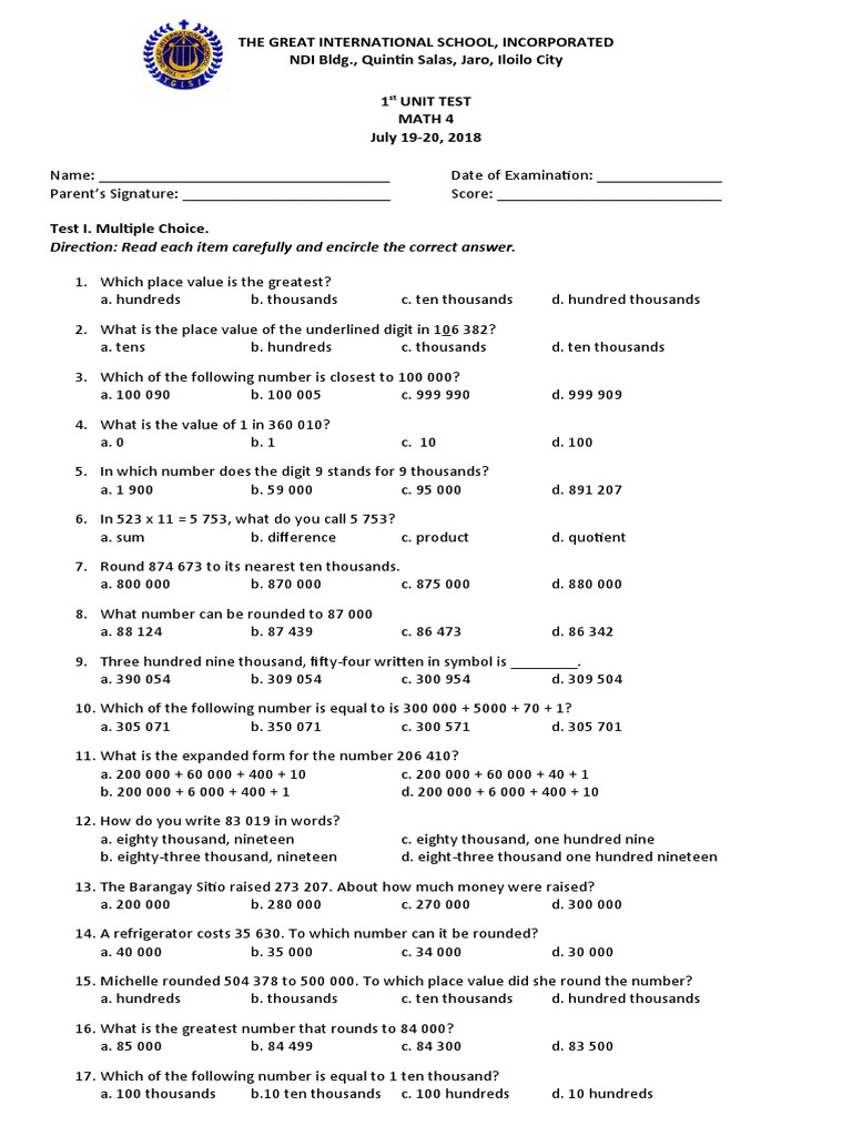1st Unit Test Math 4 | PDF | Mathematics
