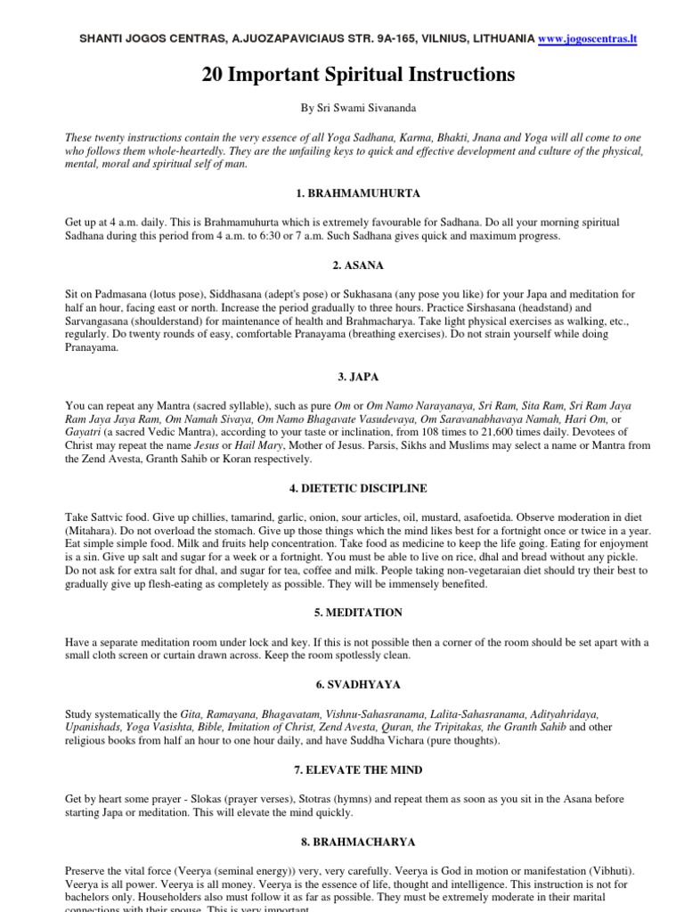 20 Spiritual Instructions for Sadhana | PDF | Meditation | Yoga