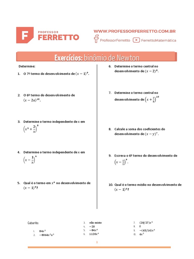 Binômio de Newton - BINÔMIO DE NEWTON - Exercícios | PDF