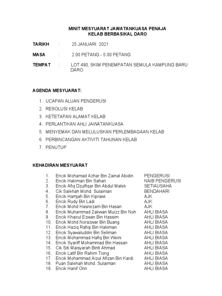 MINIT MESYUARAT JAWATANKUASA PENAJA (Edited) | PDF
