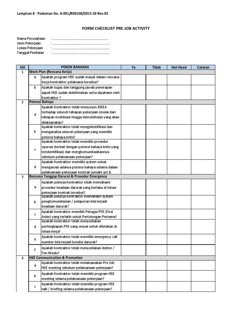 Lampiran 8 Form Checklist Pre Job Activity | PDF
