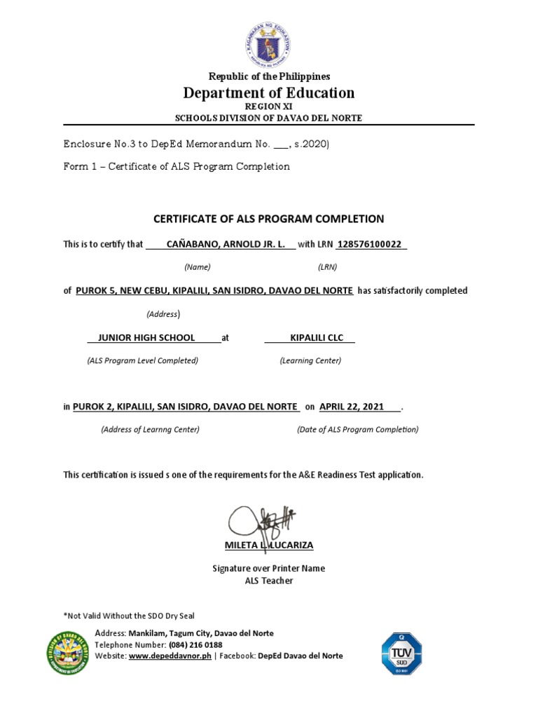 Department of Education: Certificate of Als Program Completion ...