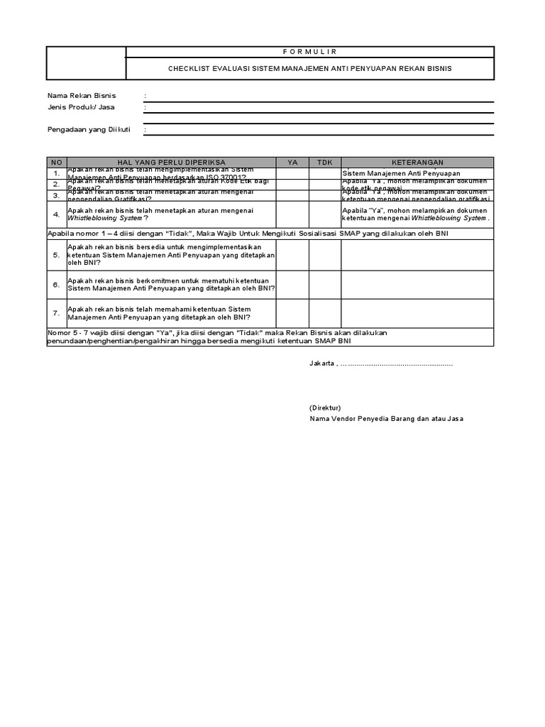 Checklist SMAP Rekan Bisnis | PDF