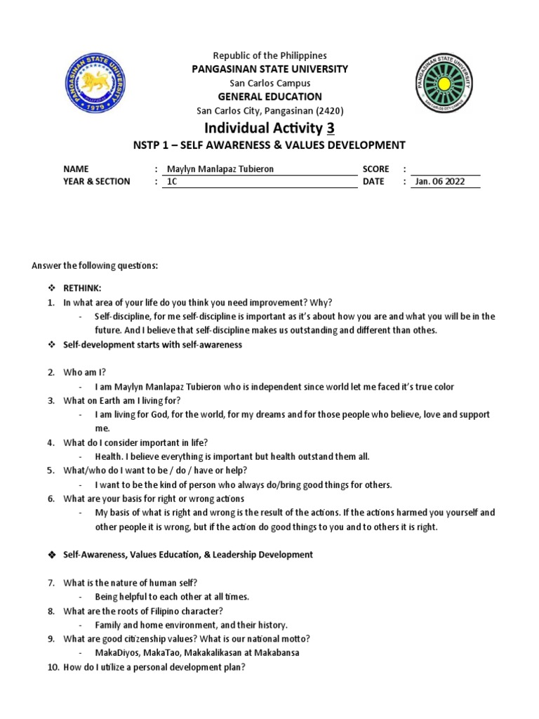 Individual Activity 3: NSTP 1 - Self Awareness & Values Development ...