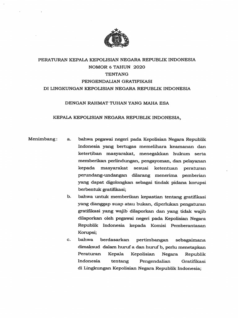 Perkap Nomor 6 Tahun 2020 Tentang Pengendalian Gratifikasi Di Lingkungan Polri | PDF