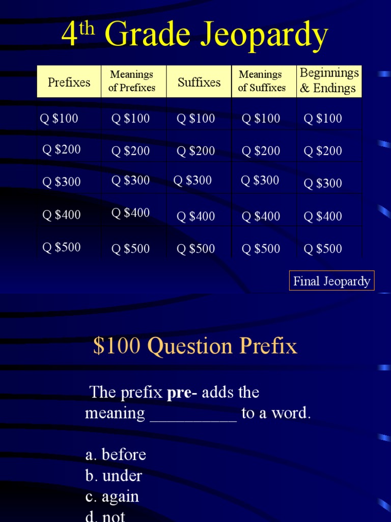 4th Prefix Suffix Jeopardy | PDF