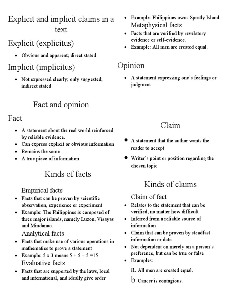 Explicit and Implicit Claim of Text | PDF | Evidence | Philosophical ...