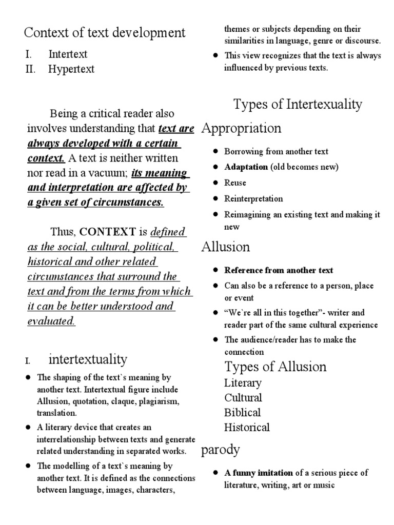 Context of Text Development: I. Intertext II. Hypertext | PDF | Intertextuality | Communication