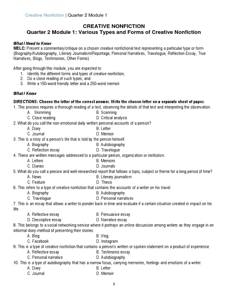 Creative Nonfiction Q2 M1 | PDF | Creative Nonfiction | Essays