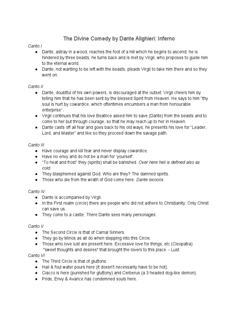 Dante's Inferno: Canto Summaries | PDF | Divine Comedy | Seven Deadly Sins