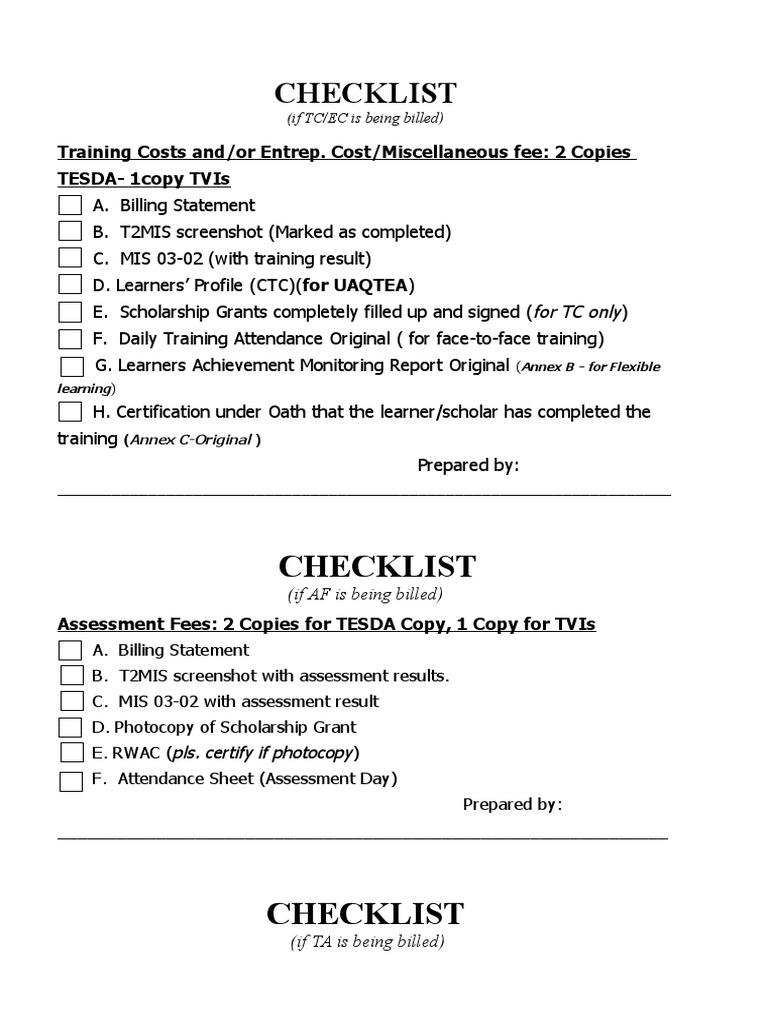 TESDA Scholarship Billing Checklist | PDF
