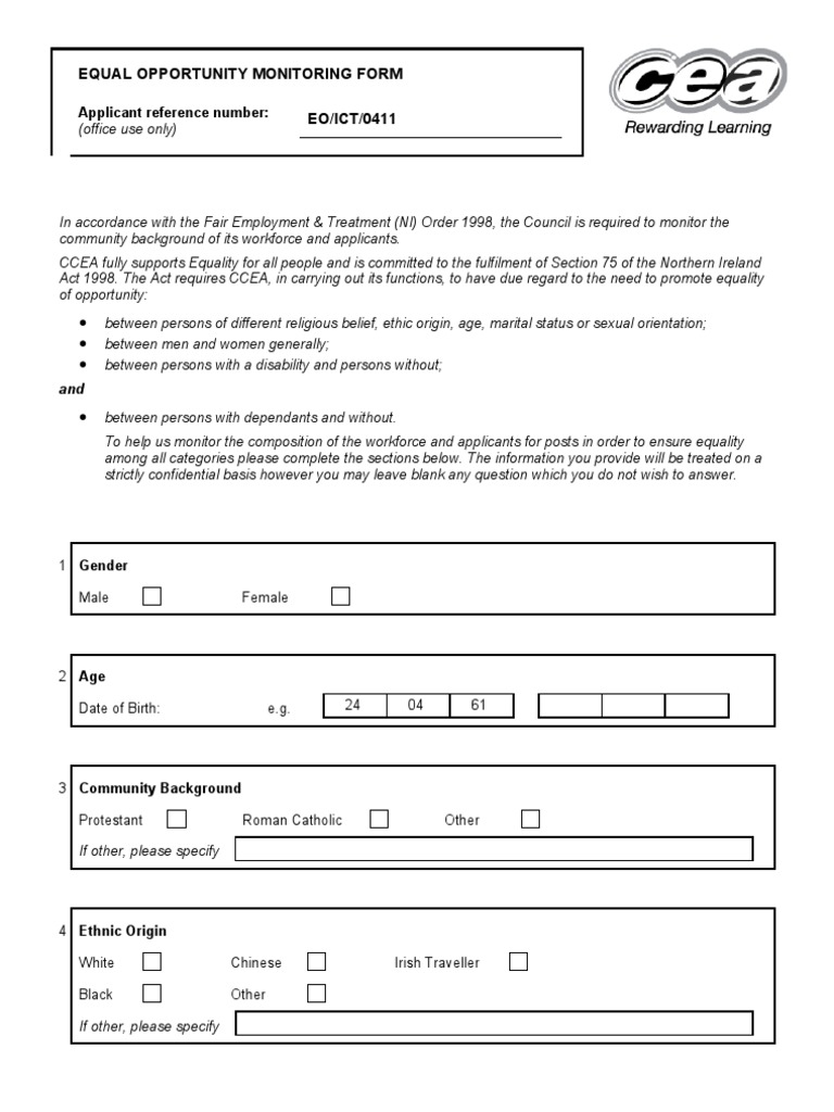 Equal Opportunity Monitoring Form | PDF | Employment Discrimination ...
