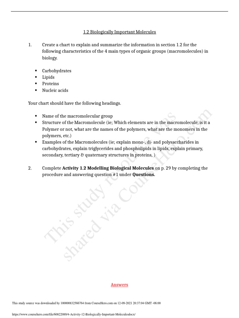 Activity 1.2 Biologically Important Molecules | PDF | Biomolecular ...