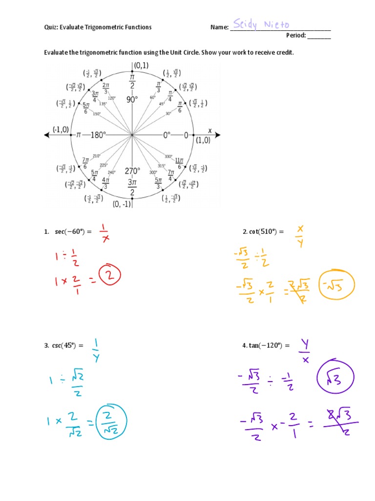 Quiz Evaluate Trig Using Unit Circle 2021 Completed | PDF