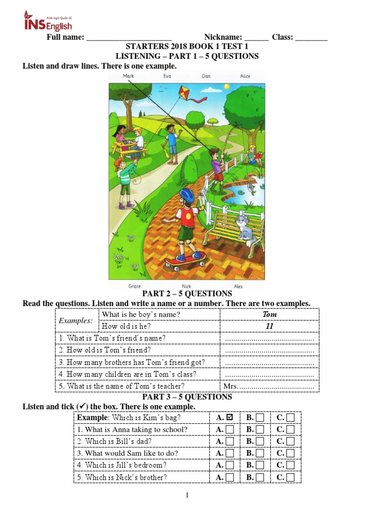 YLE Answer Sheet Starters 1 Test 1 | PDF
