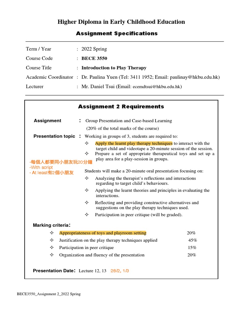 Higher Diploma in Early Childhood Education: Assignment Specifications ...