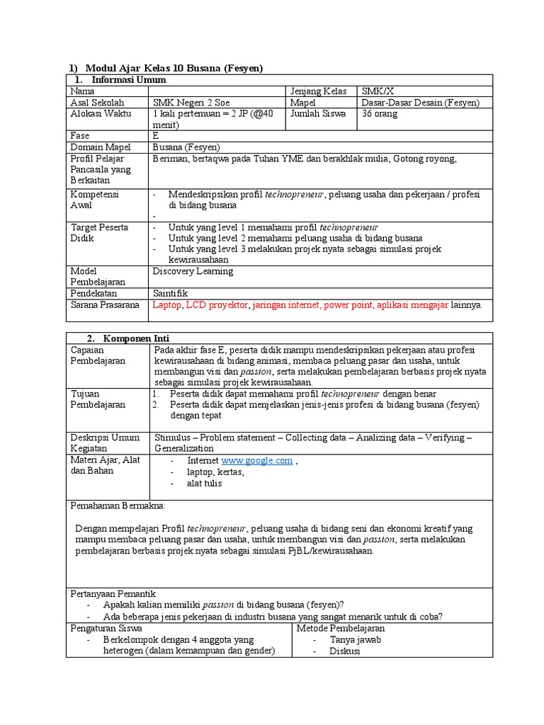 Modul Ajar Dasar-Dasar Busana (Fesyen) | PDF