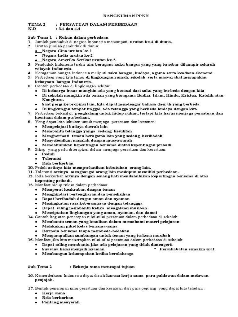 Rangkuman PPKN Tema 2-3-4 Kelas 6 | PDF