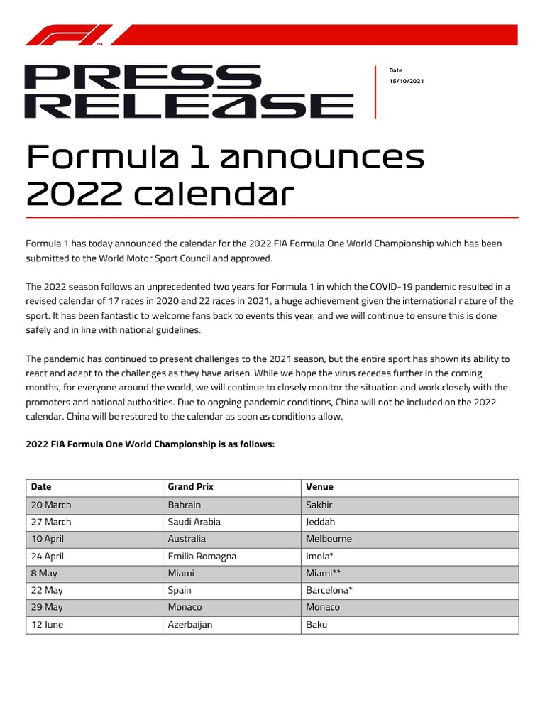 Formula 1 Announces 2022 Calendar: 2022 FIA Formula One World ...