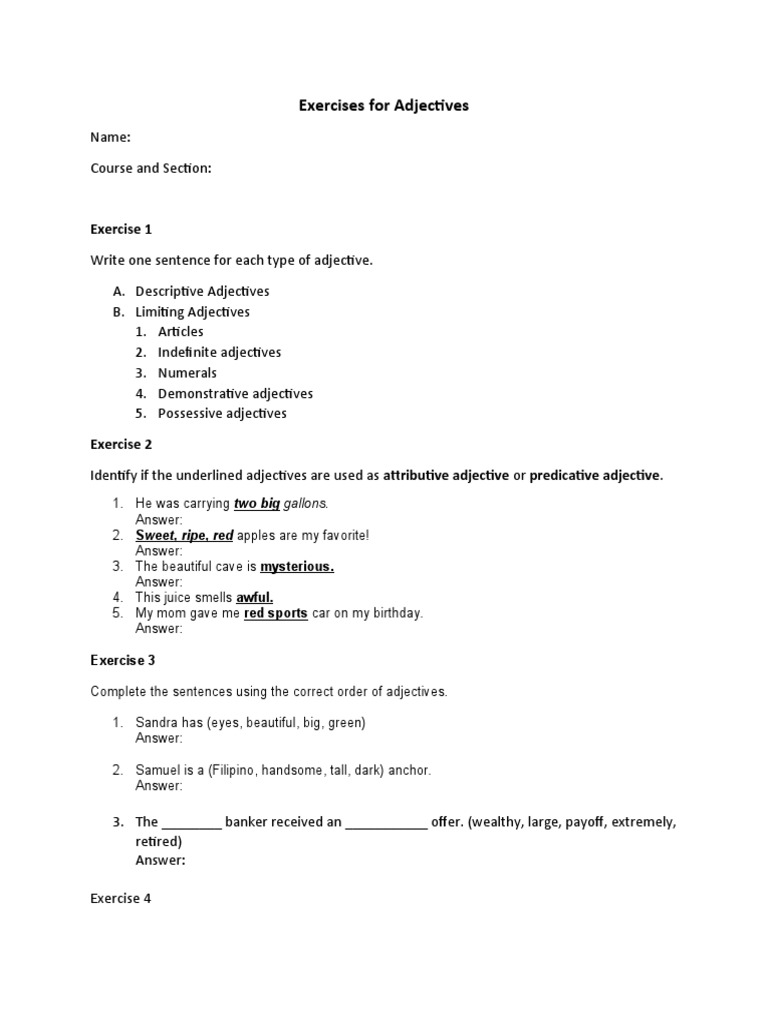 Exercises For Adjectives: Exercise 1 | PDF