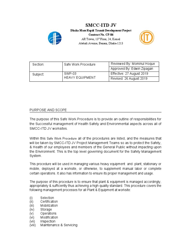 SWP 03 Heavy Equipment | PDF | Performance Appraisal | Safety