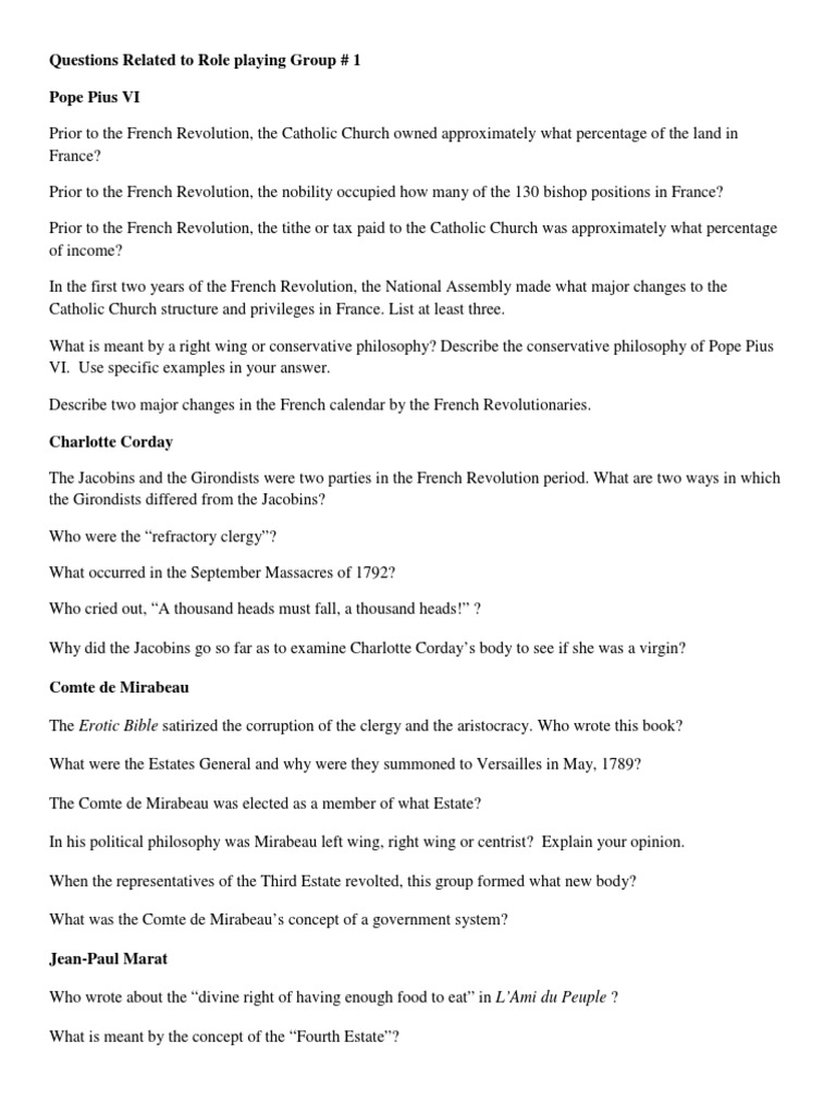 Questions Related To Role Playing Group # 1 Pope Pius VI | PDF | French ...
