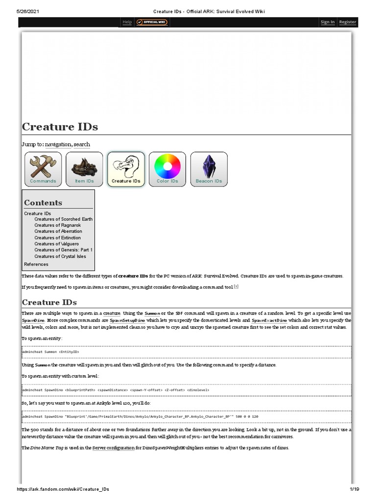 Creature IDs - Official ARK - Survival Evolved Wiki | PDF | Dinosaurs ...