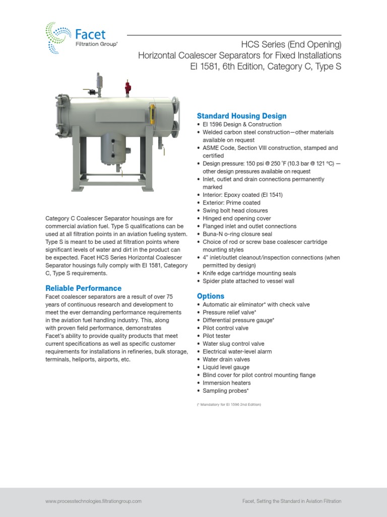 HCS Series (End Opening) Horizontal Coalescer Separators For Fixed ...