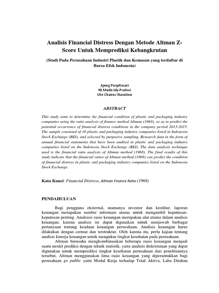 121A010 - Analisis Financial Distress Dengan Metode Altman Z | PDF