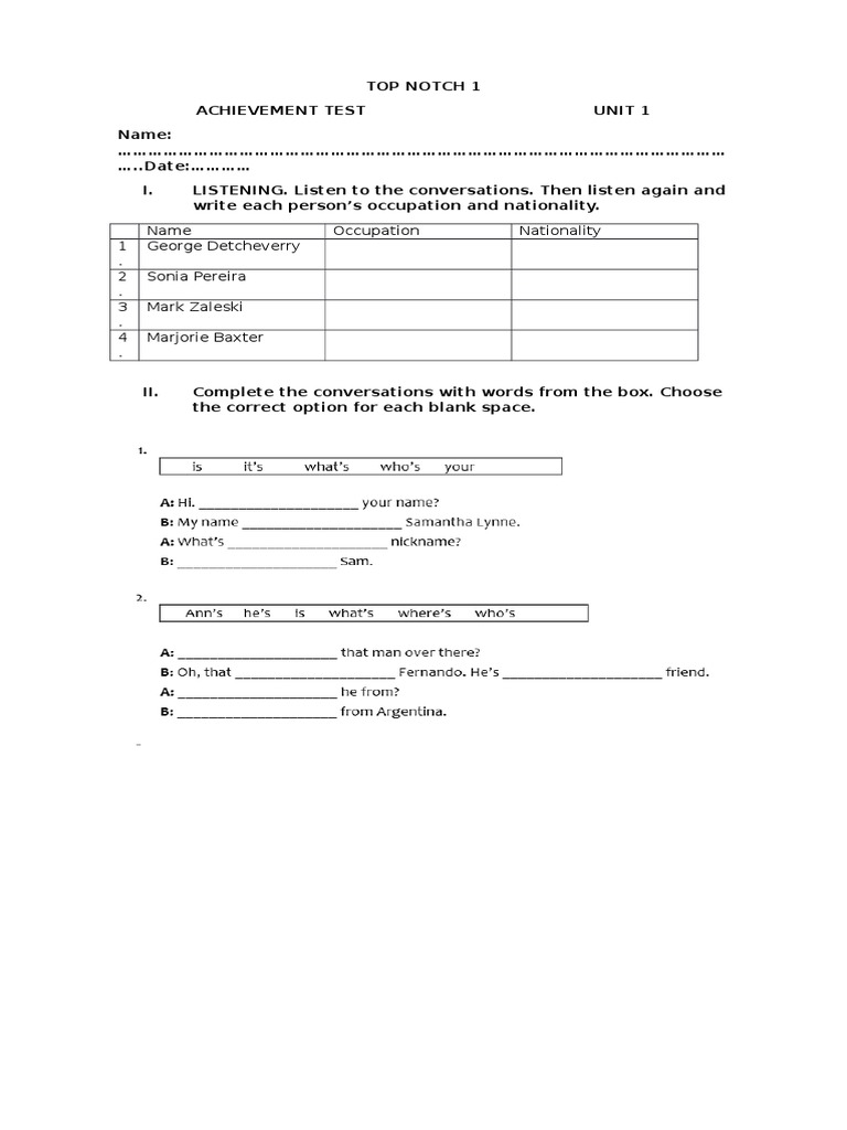 TN1 Unit 1 Achievement Test | PDF