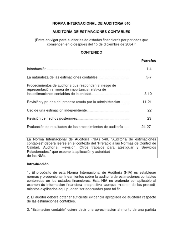 22 Nia 540 Auditoria de Estimaciones Contables | PDF | Contralor ...