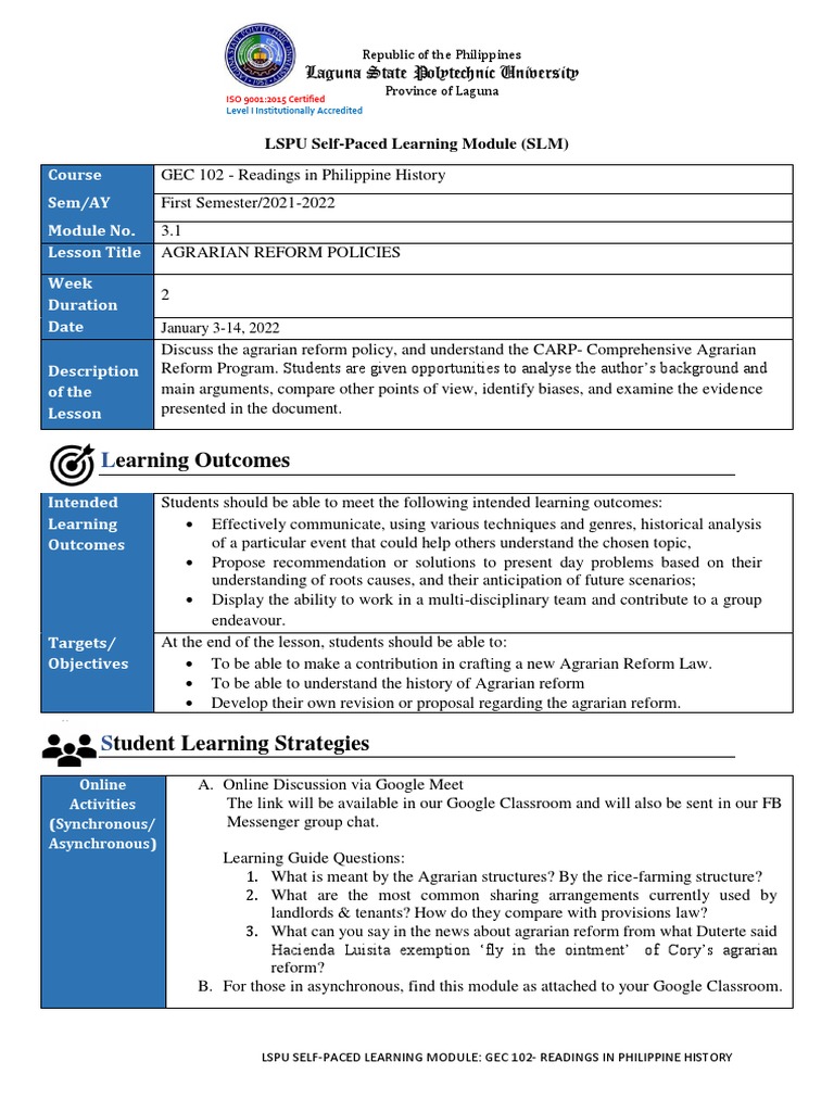 Earning Outcomes: LSPU Self-Paced Learning Module (SLM) | PDF | Philippines | Government