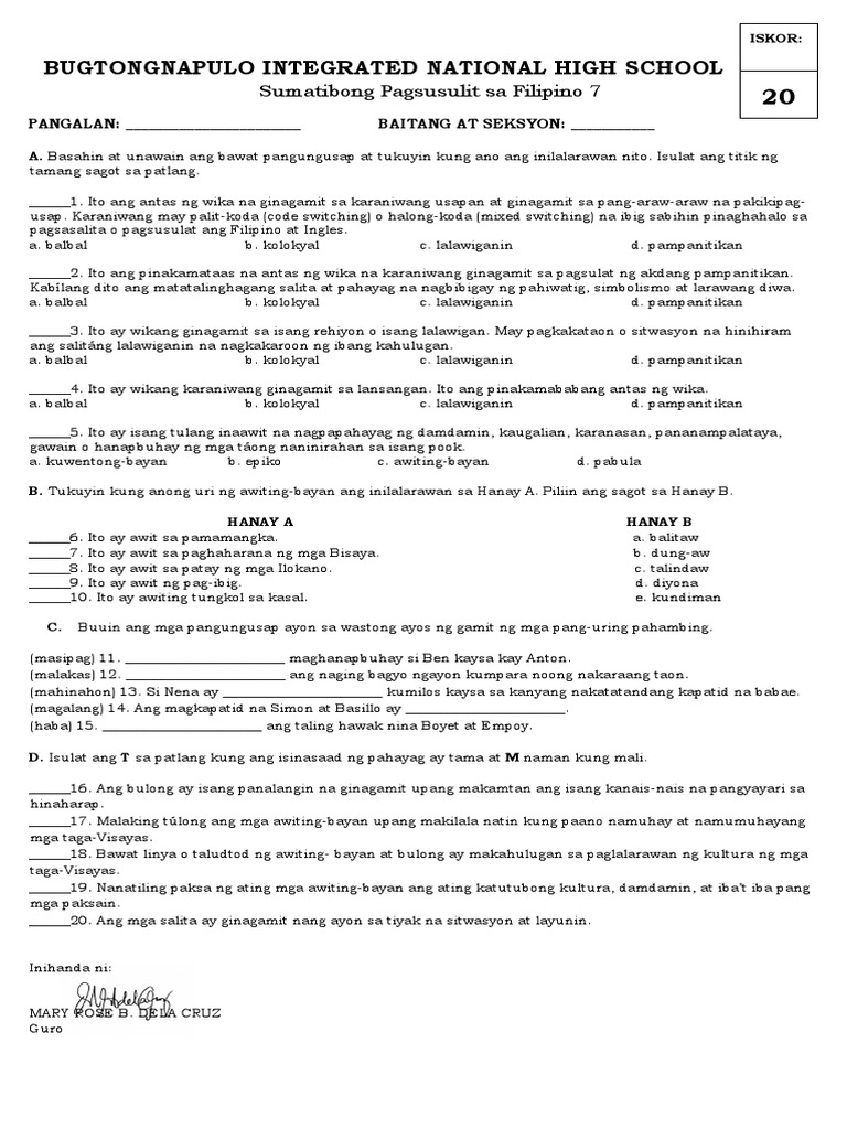 Filipino 7-Q2-Summative-Test-1-4 | PDF