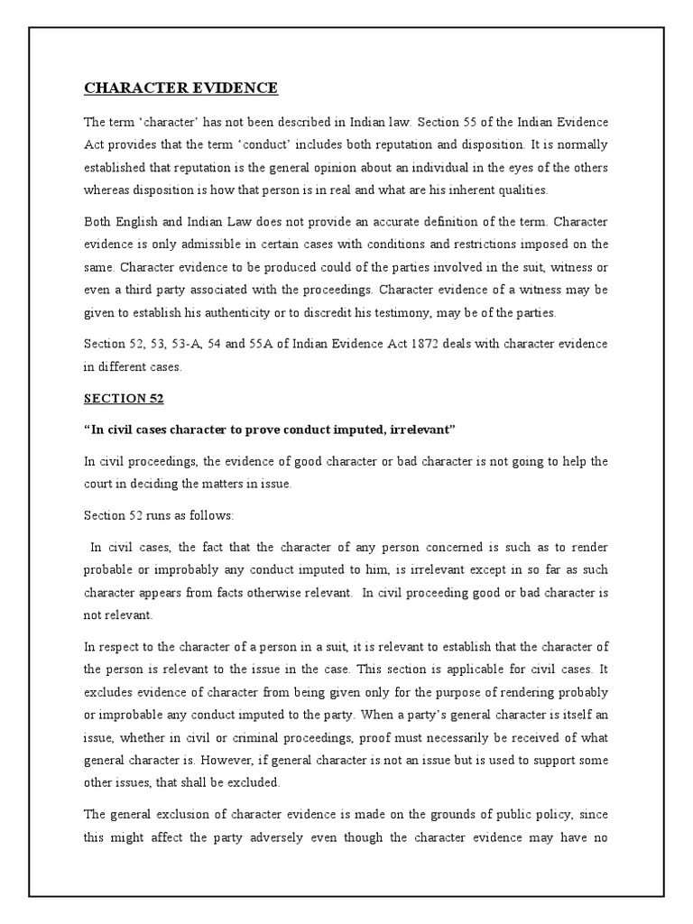 Character Evidence: Section 52 "In Civil Cases Character To Prove ...