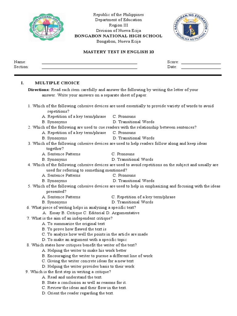 3.3 Mastery Test in English Sy 2020 2021 | PDF | Narration | Writers