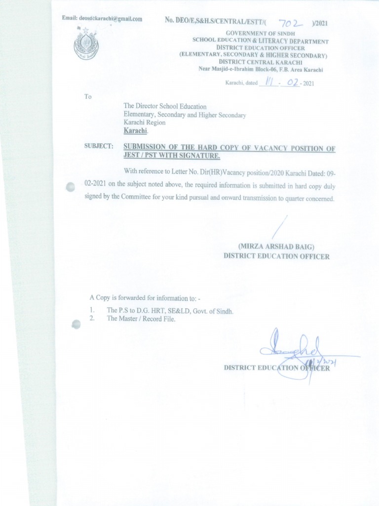 ESHS District Karachi Central (JEST) | PDF