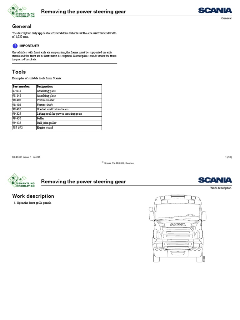 Scania P, G, R, T Series Workshop Manual - Removing The Power Steering ...
