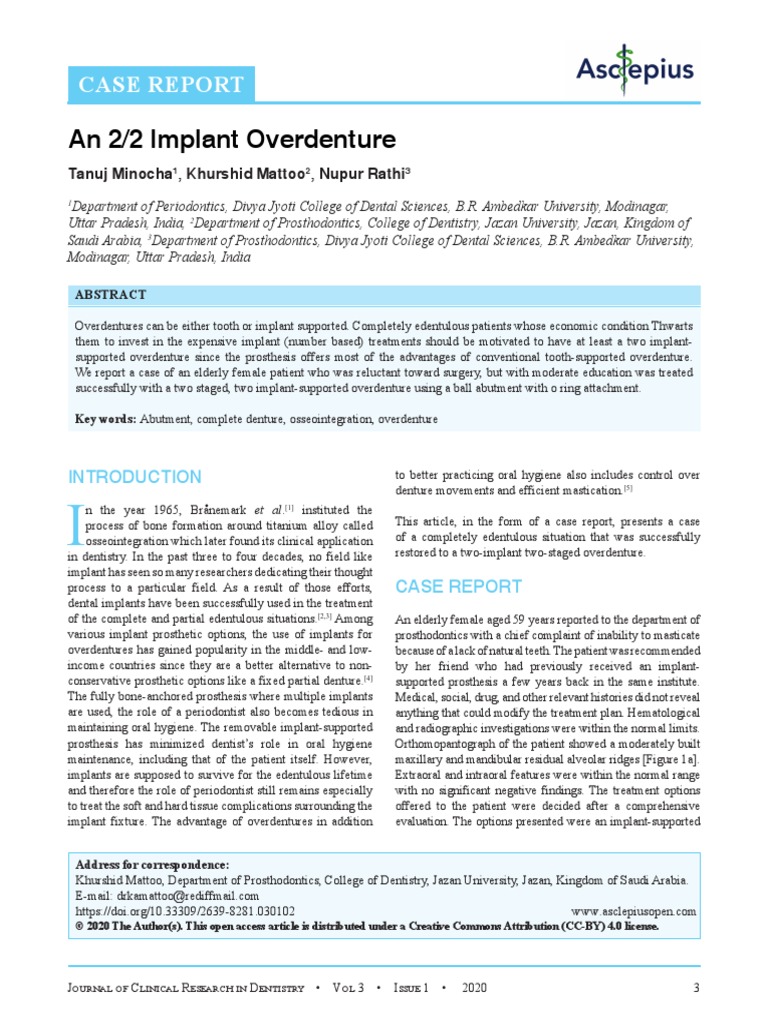 An 2/2 Implant Overdenture: Case Report | PDF | Dental Implant | Dentures