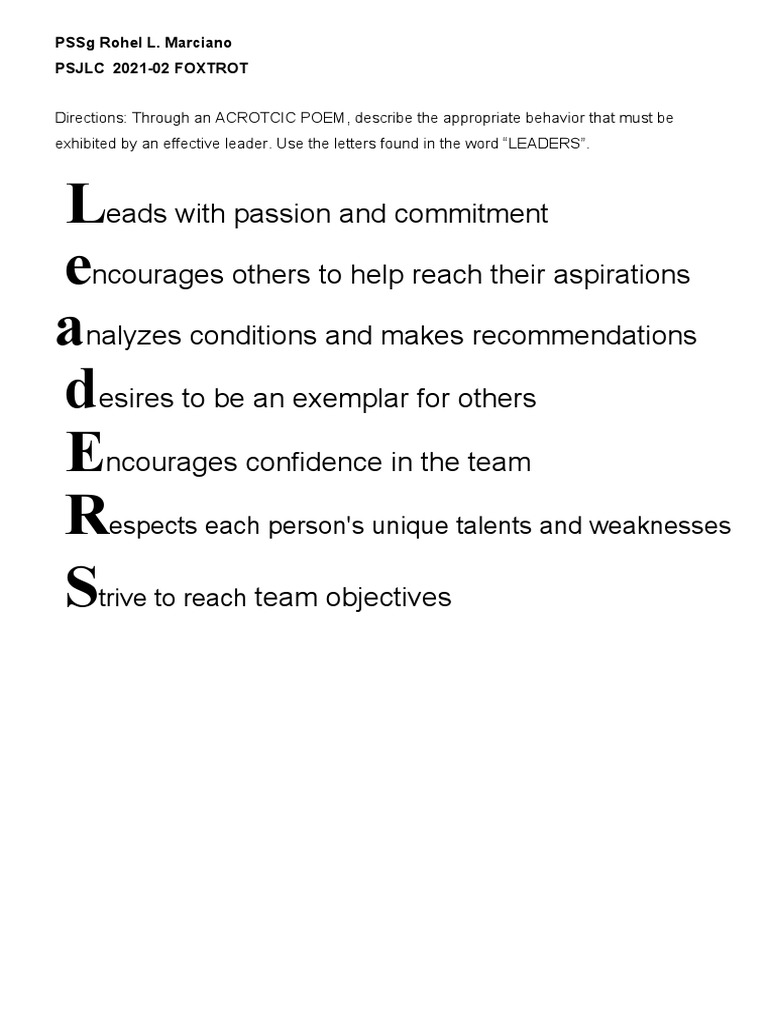 PSSG Rohel L. Marciano Assignment On Acrostic Poem About Leaders | PDF