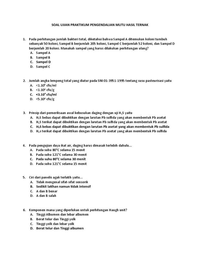 Soal Ujian Praktikum Pengendalian Mutu Hasil Ternak | PDF