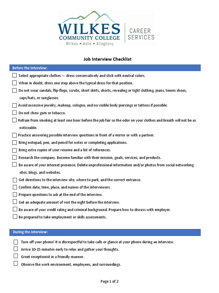 Job Interview Checklist | Download Free PDF | Interview | Employment