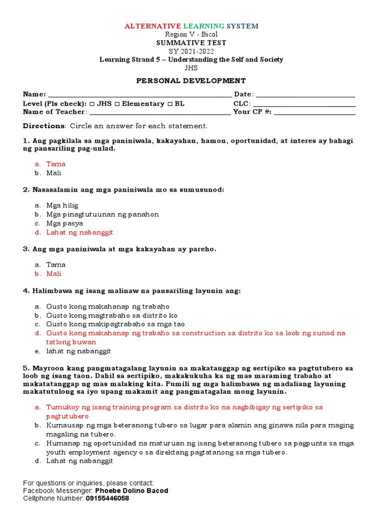 Module 1 Personal Development Summative Test Answer Key | PDF