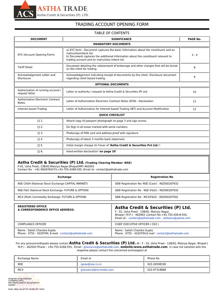 Trading Account Opening Form: Document Significance Page No. Mandatory ...