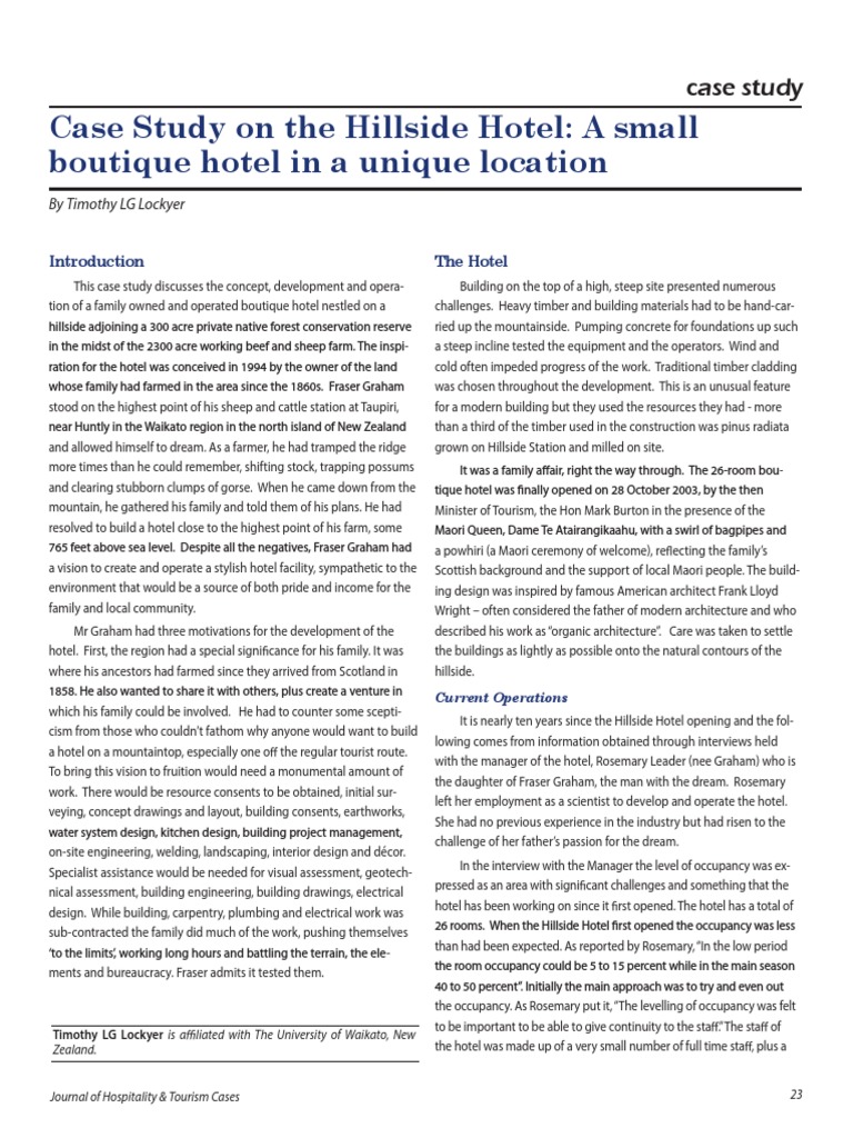 Case Study On The Hillside Hotel: A Small Boutique Hotel in A Unique ...