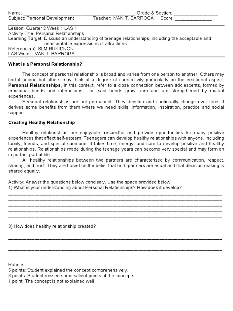 Perdev Las - Q2 Week 1-4 | PDF | Family | Adolescence